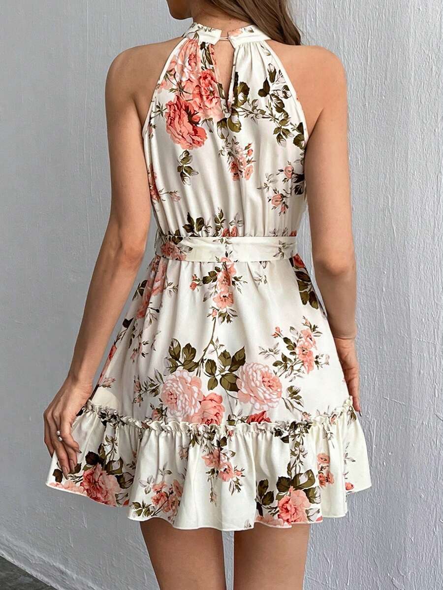 SHEIN Privé Women's Floral Printed A-Line Halter Neck Dress With Ruffle ...