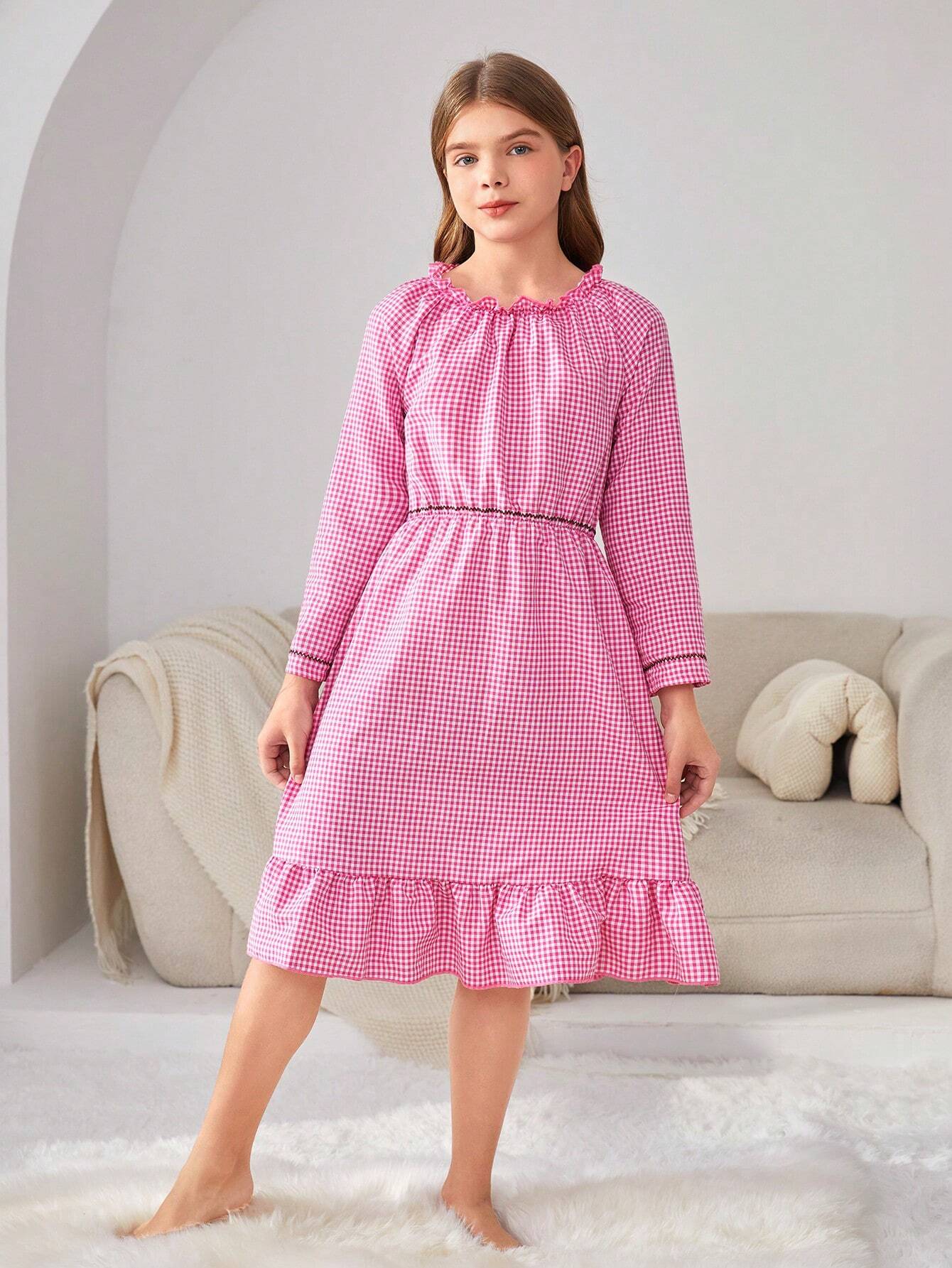Tween Girl Plaid Print Long Sleeve Ruffle Hem Sleep Dress | SHEIN EUR