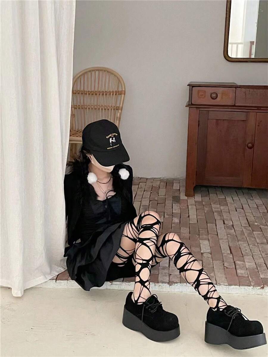 ROMWE Grunge Punk 1pair All Seasons Girls' Black Ripped Fishnet Stockings Tights With Large ...