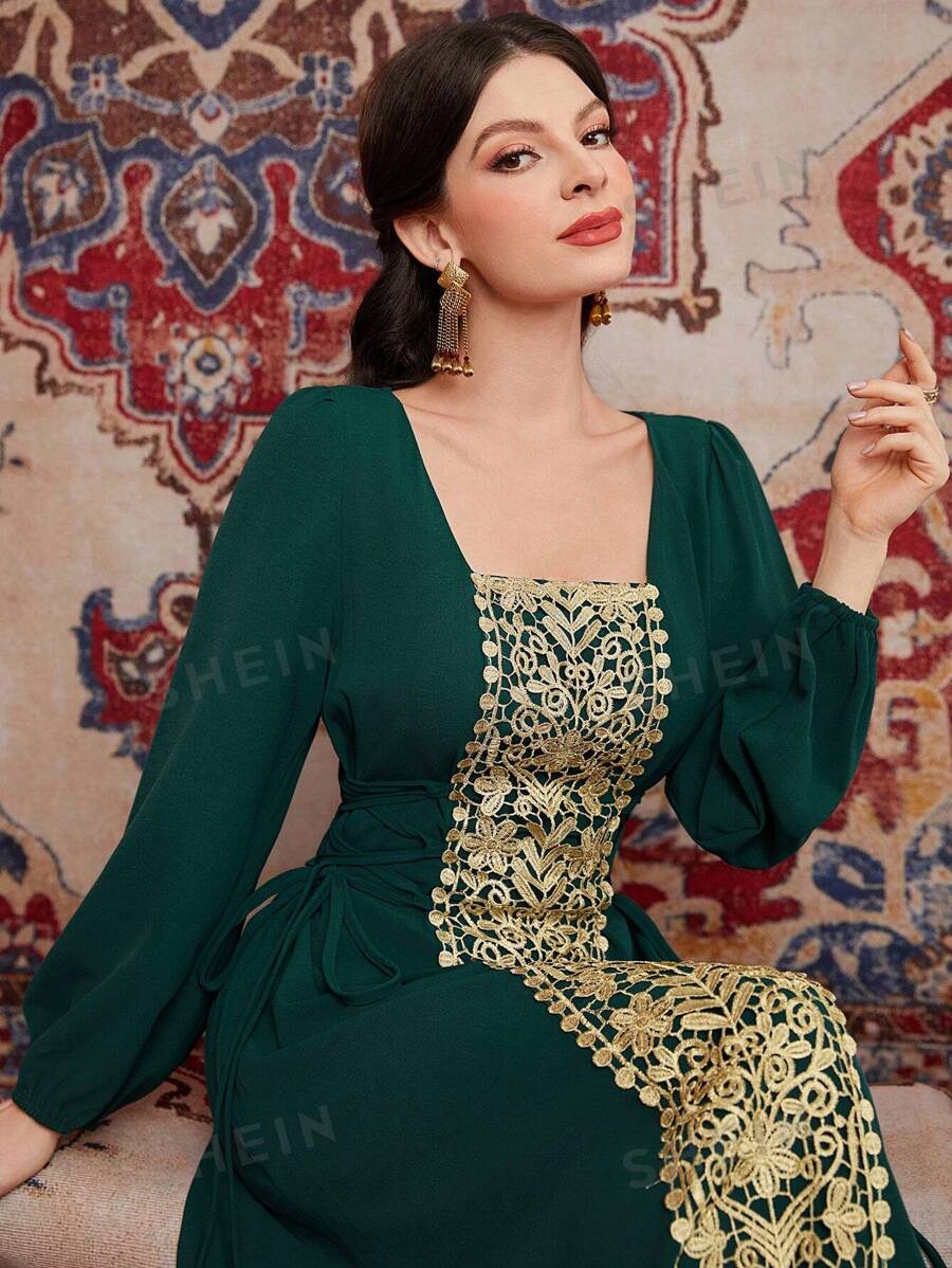 SHEIN Najma Women's Lantern Sleeve Arabian Style Embroidered Gold Dress ...