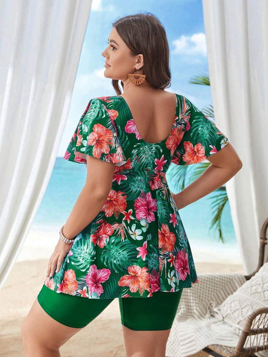 Shein Swim Lushore Summer Beach Plus Size Tropical Print Flare Sleeve