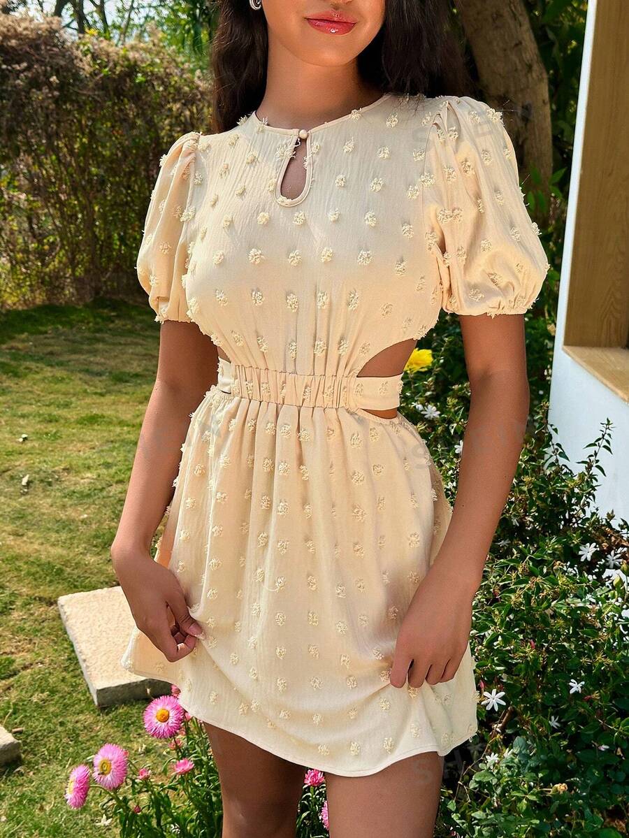 SHEIN Qutie Puff Sleeve Dress With Cut-Out Detail, Tie Knot, Ice Silk ...