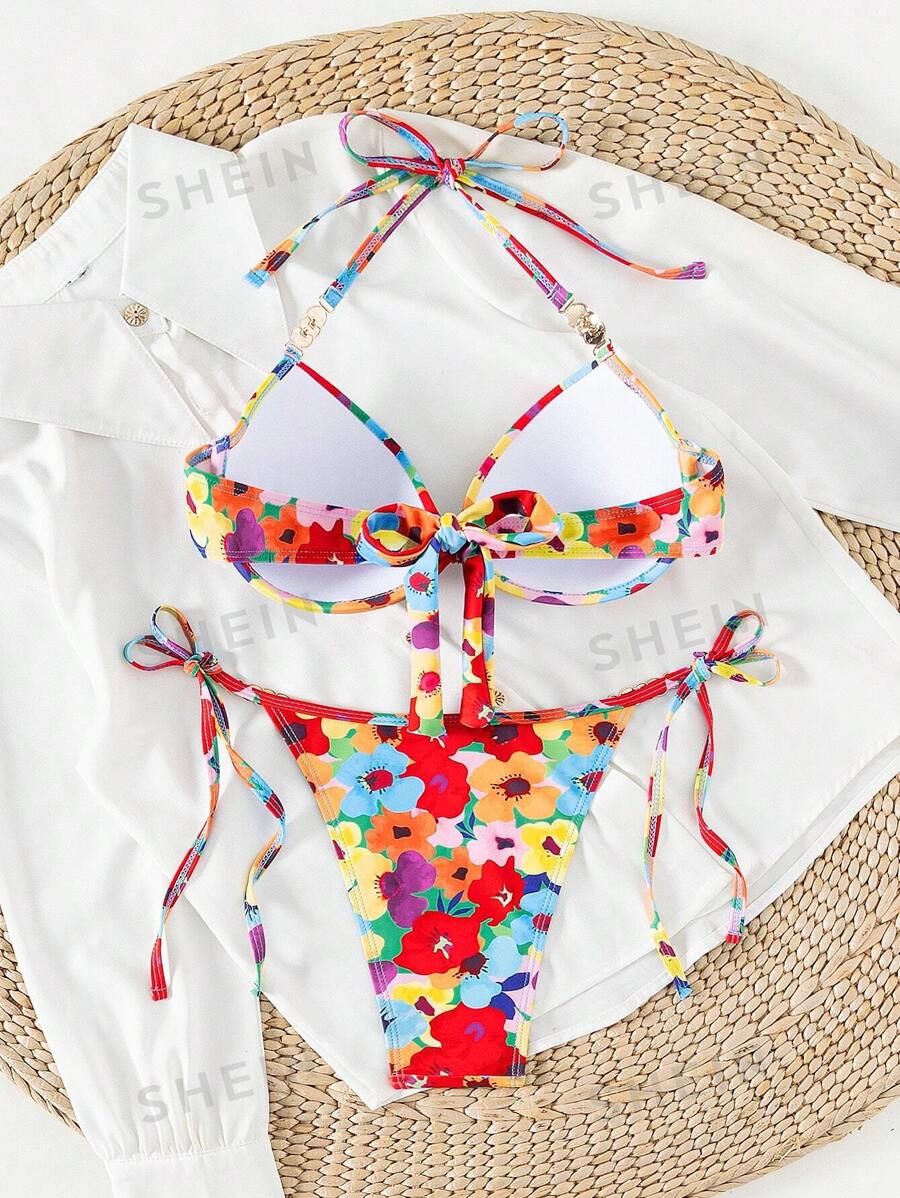 Random Print Push Up Halter Bra With Underwire And Tie Side Thong