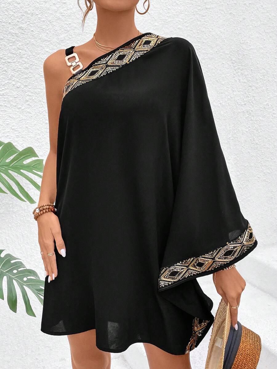 Breezaya Asymmetrical Collar Women's Geometric Printed Straight Dress ...