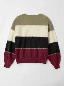 Women's Oversized Contrast Color Sweater, Casual Lightweight Ribbed ...