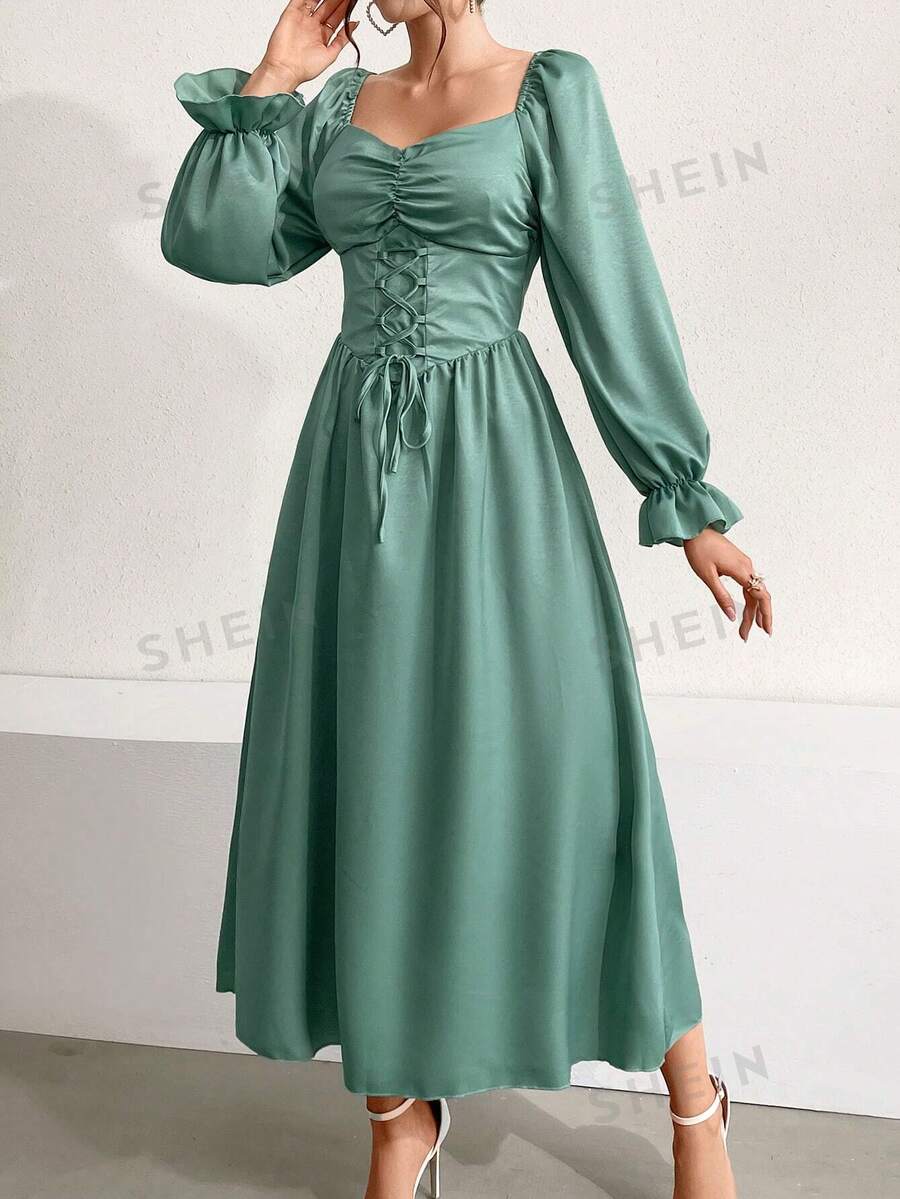 SHEIN Mulvari Tied Front Bell Sleeve A-Line Dress | SHEIN USA