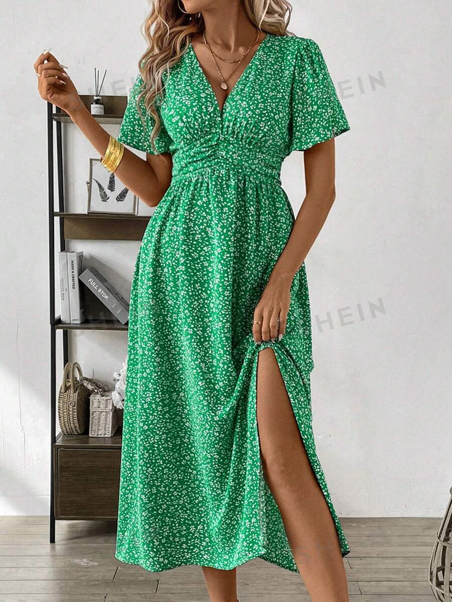 SHEIN Clasi Ladies' V-Neck Plant Printed Maxi Dress With Ruffle Sleeves ...
