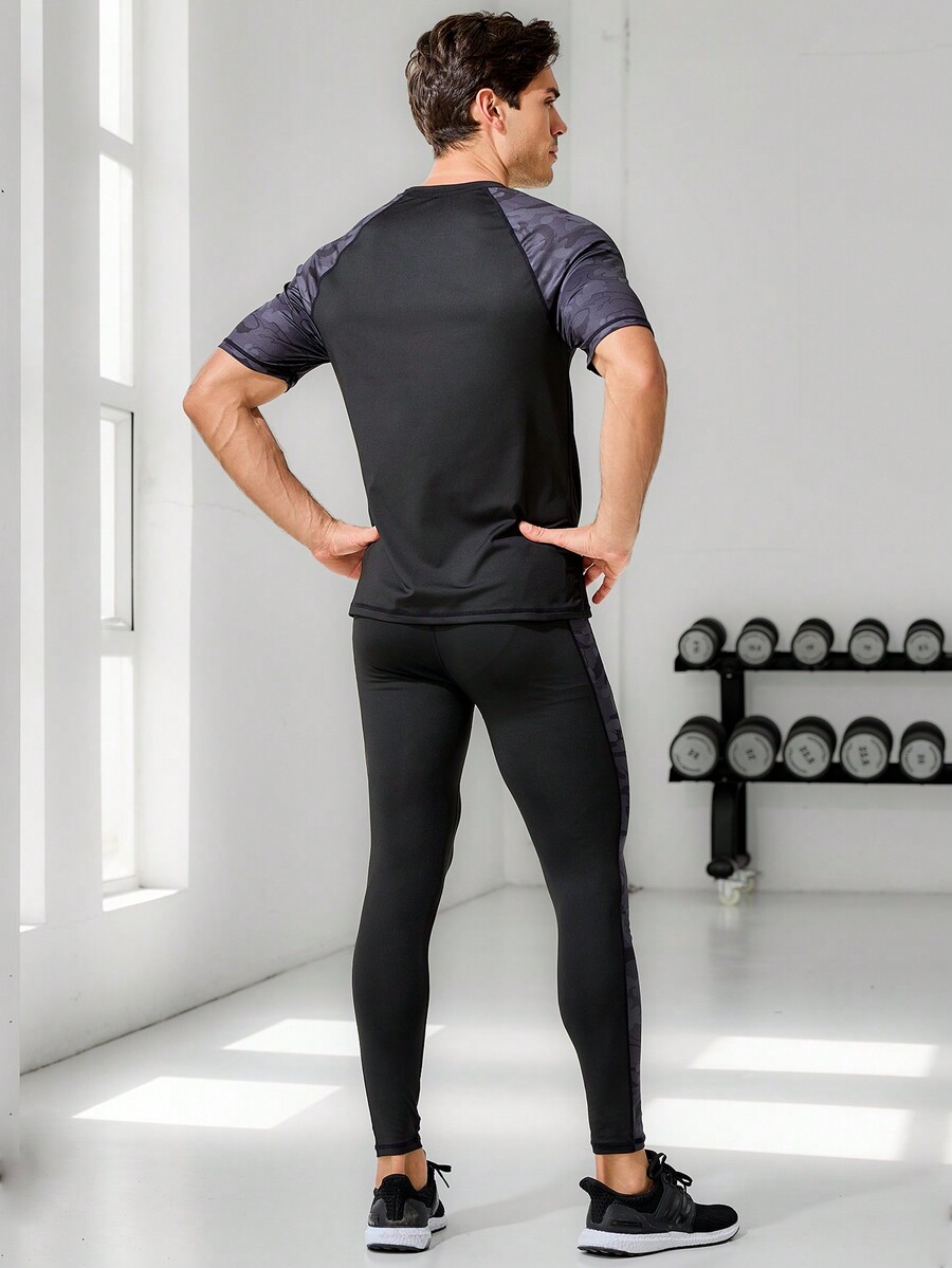 Fitness Men's Camouflage Print Raglan Sleeve Sports Suit, Athletic Suit ...