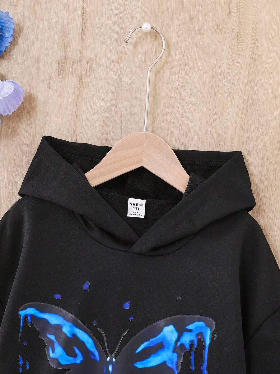 SHEIN Tween Girl Butterfly Print Contrast Fishnet Hoodie | SHEIN USA