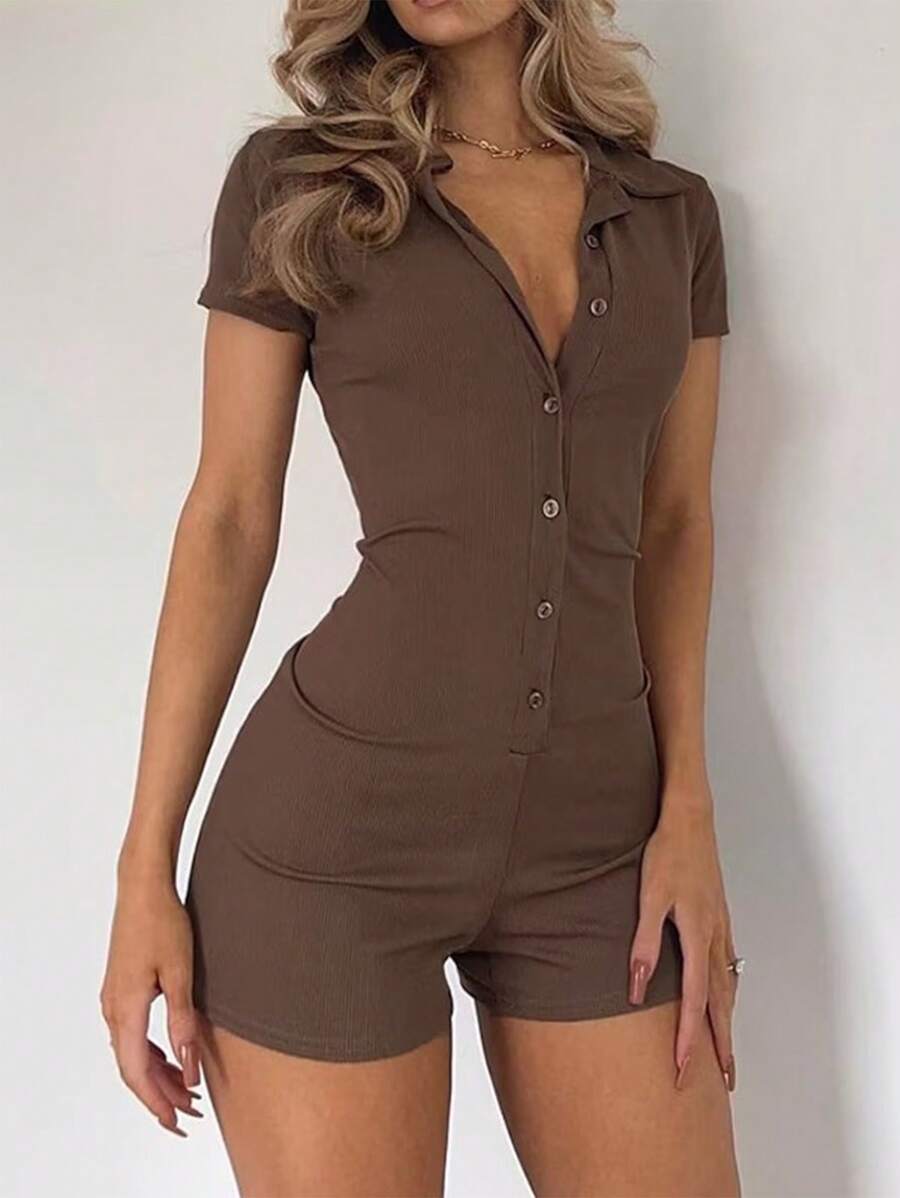 Solid Color Button Front Romper | SHEIN USA