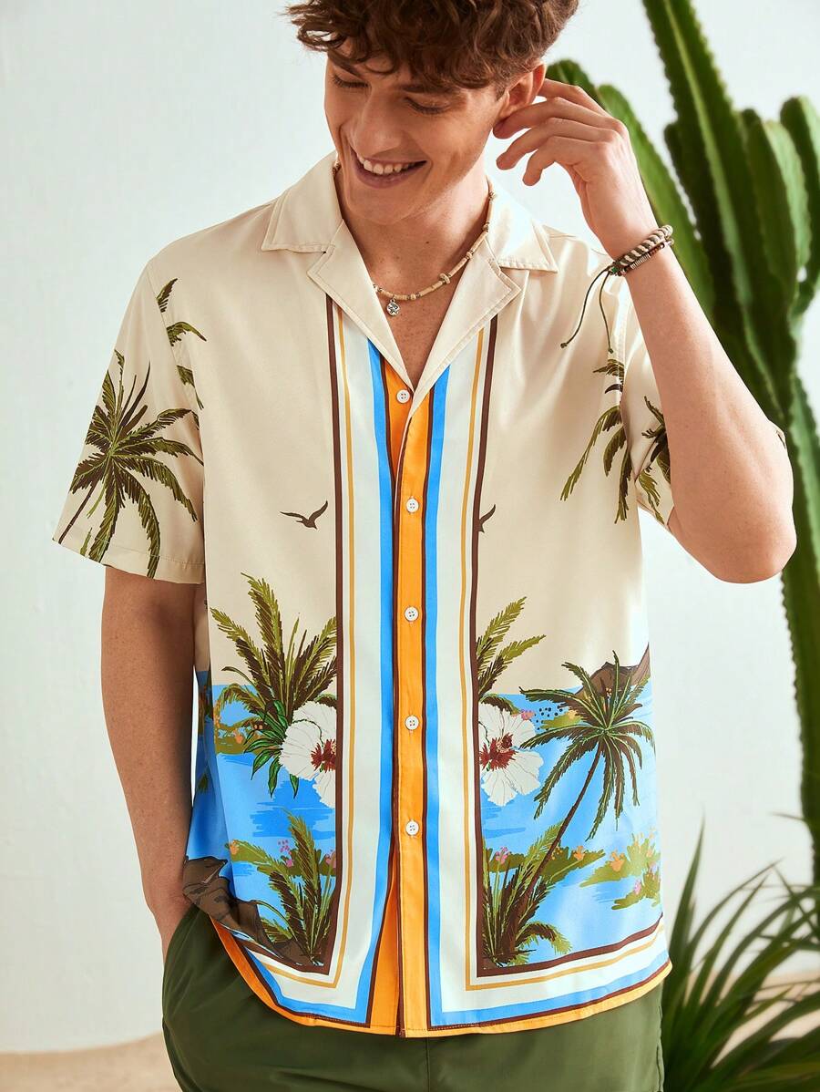 Manfinity VCAY Loose Fit Men's Coconut Tree Jacquard Casual Short Sleeve Shirt, For Boyfriend ...