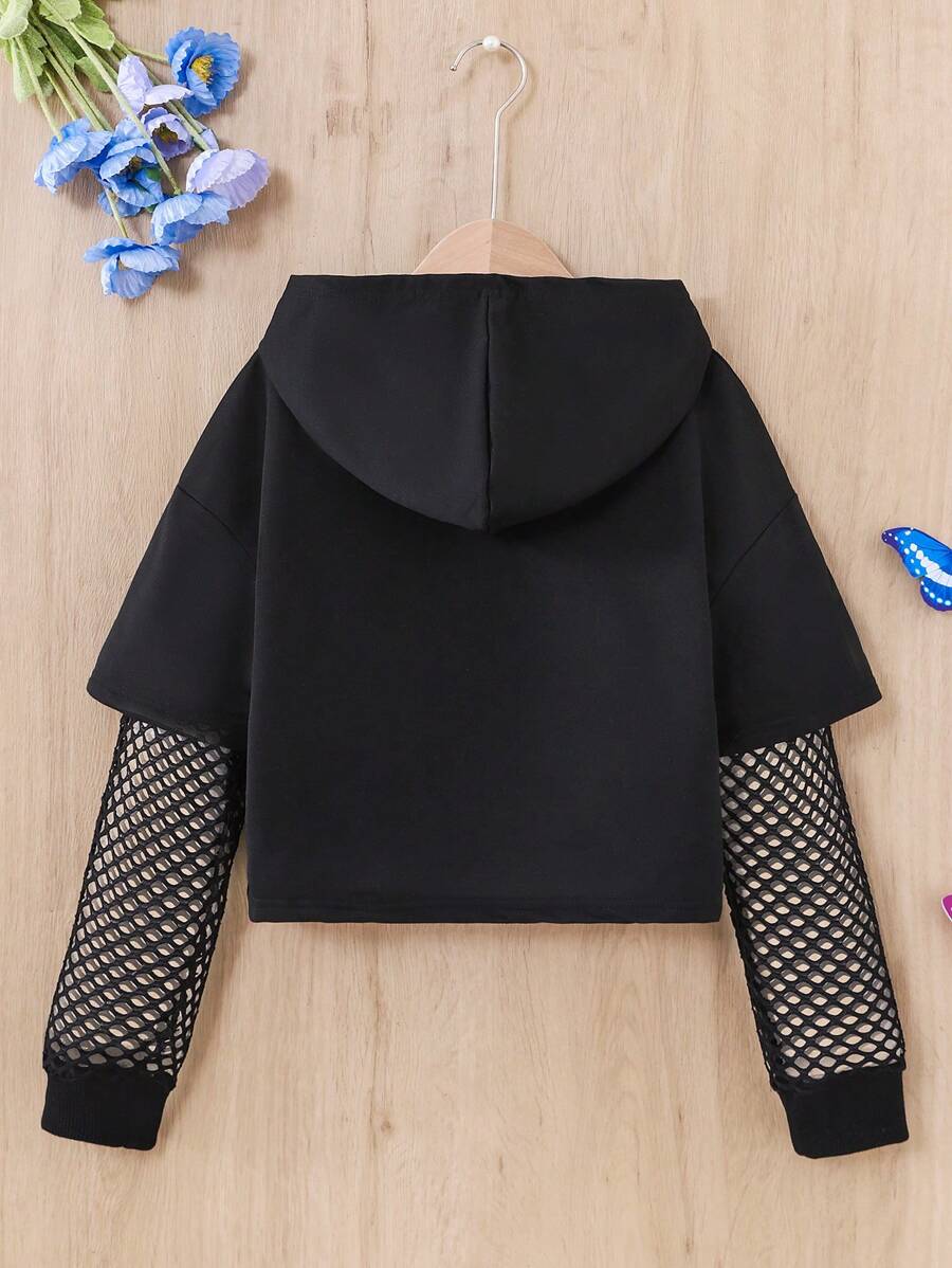 SHEIN Tween Girl Butterfly Print Contrast Fishnet Hoodie | SHEIN USA