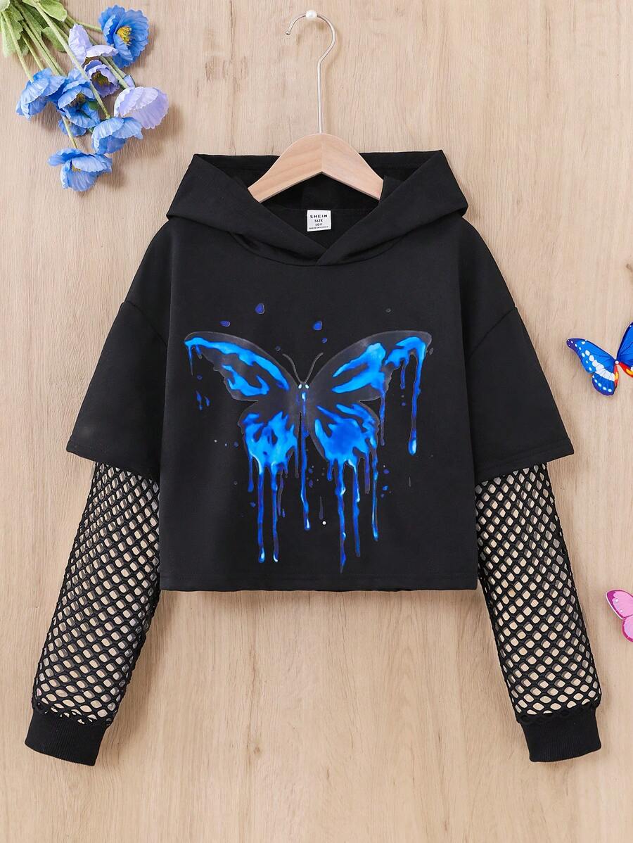 SHEIN Tween Girl Butterfly Print Contrast Fishnet Hoodie | SHEIN USA