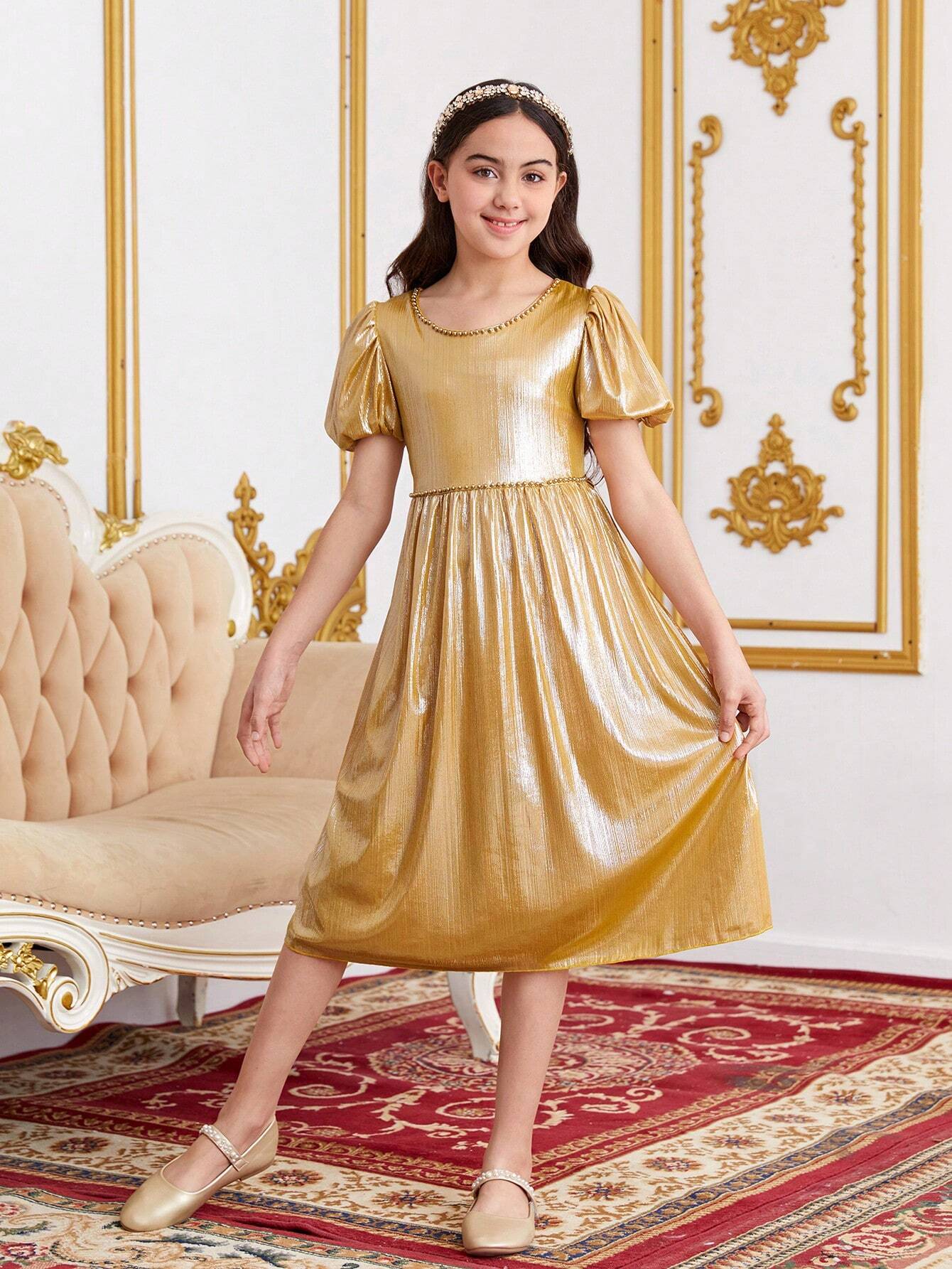 SHEIN Elegant And Noble Party Metallic Gold Short Bubble-Sleeve Dress ...