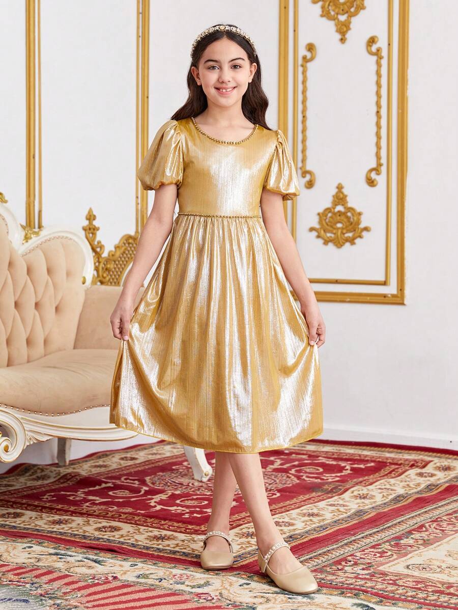 SHEIN Elegant And Noble Party Metallic Gold Short Bubble-Sleeve Dress ...