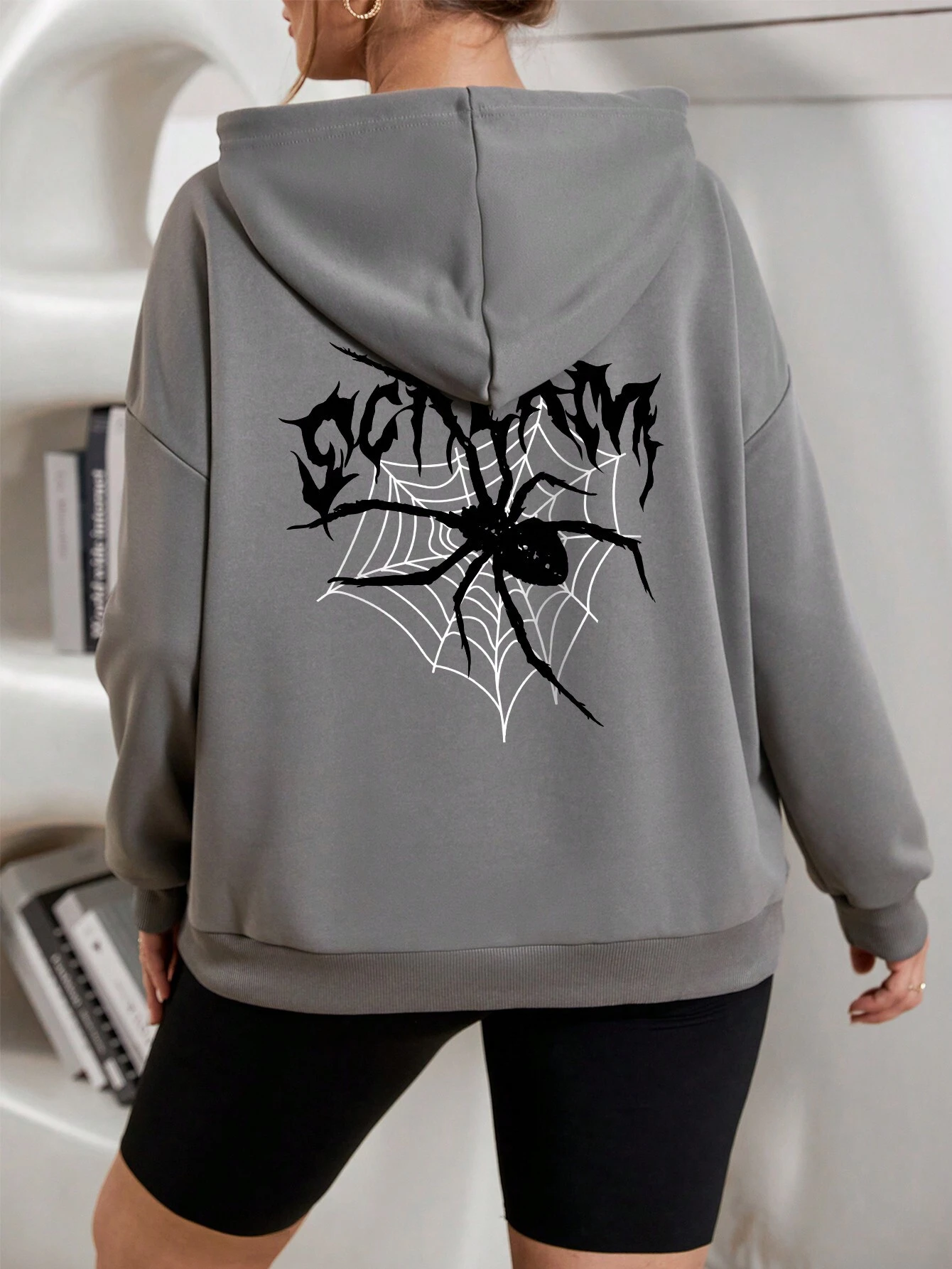 SHEIN EZwear Women's Plus Size Letter Spider Print Hoodie | SHEIN USA