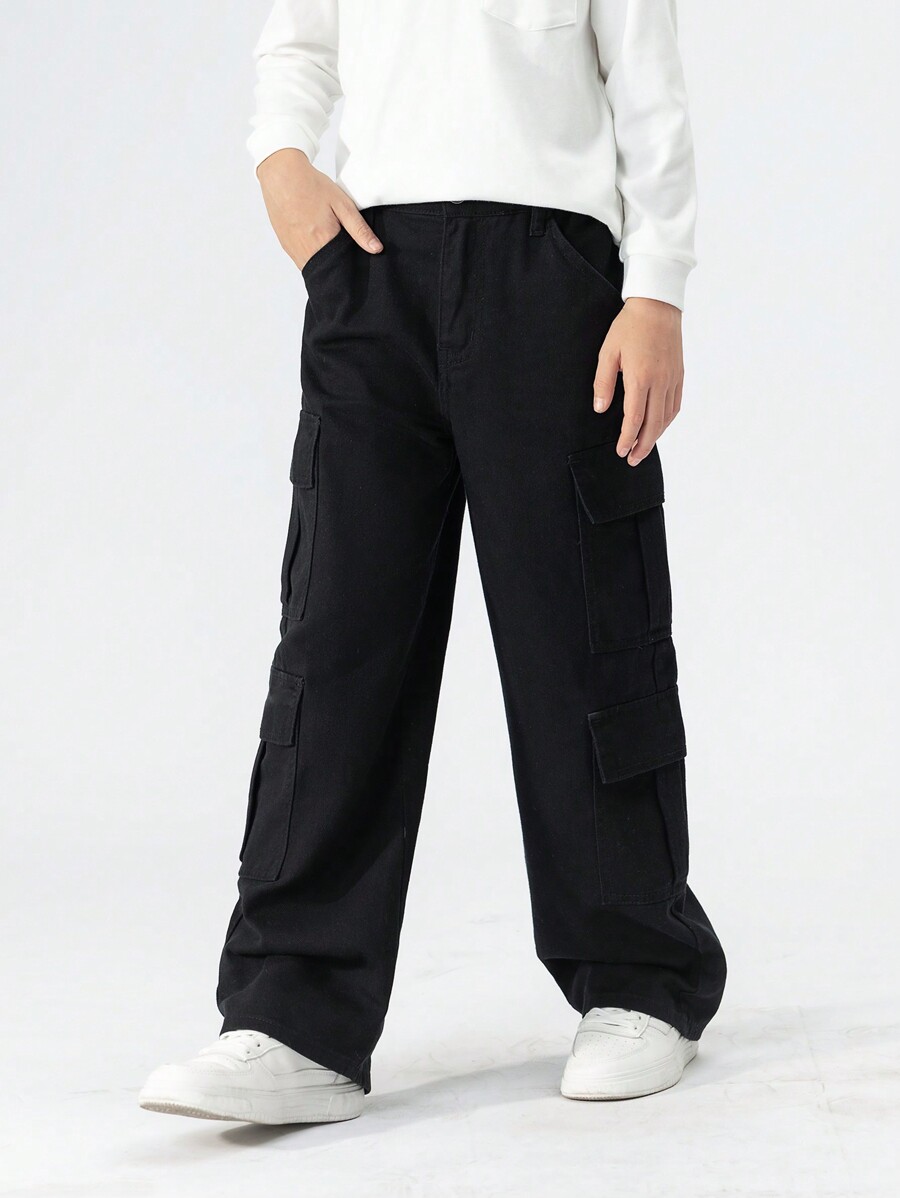 SHEIN Tween Boys' Street-Style Washed Black Denim Cargo Pants With ...