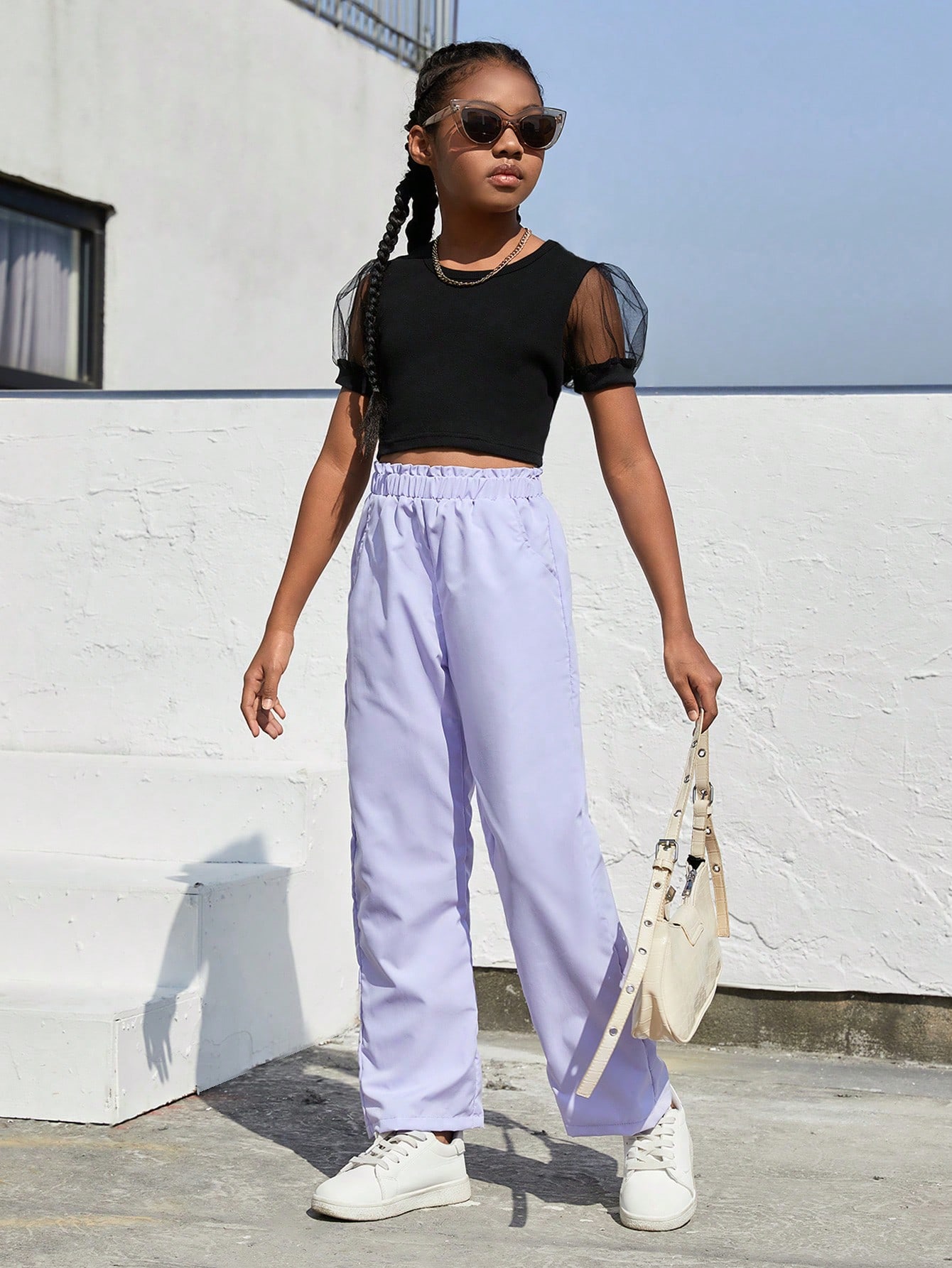 SHEIN Kids HYPEME Tween Girl Sheer Short Sleeve Crop Top And Pants Set ...