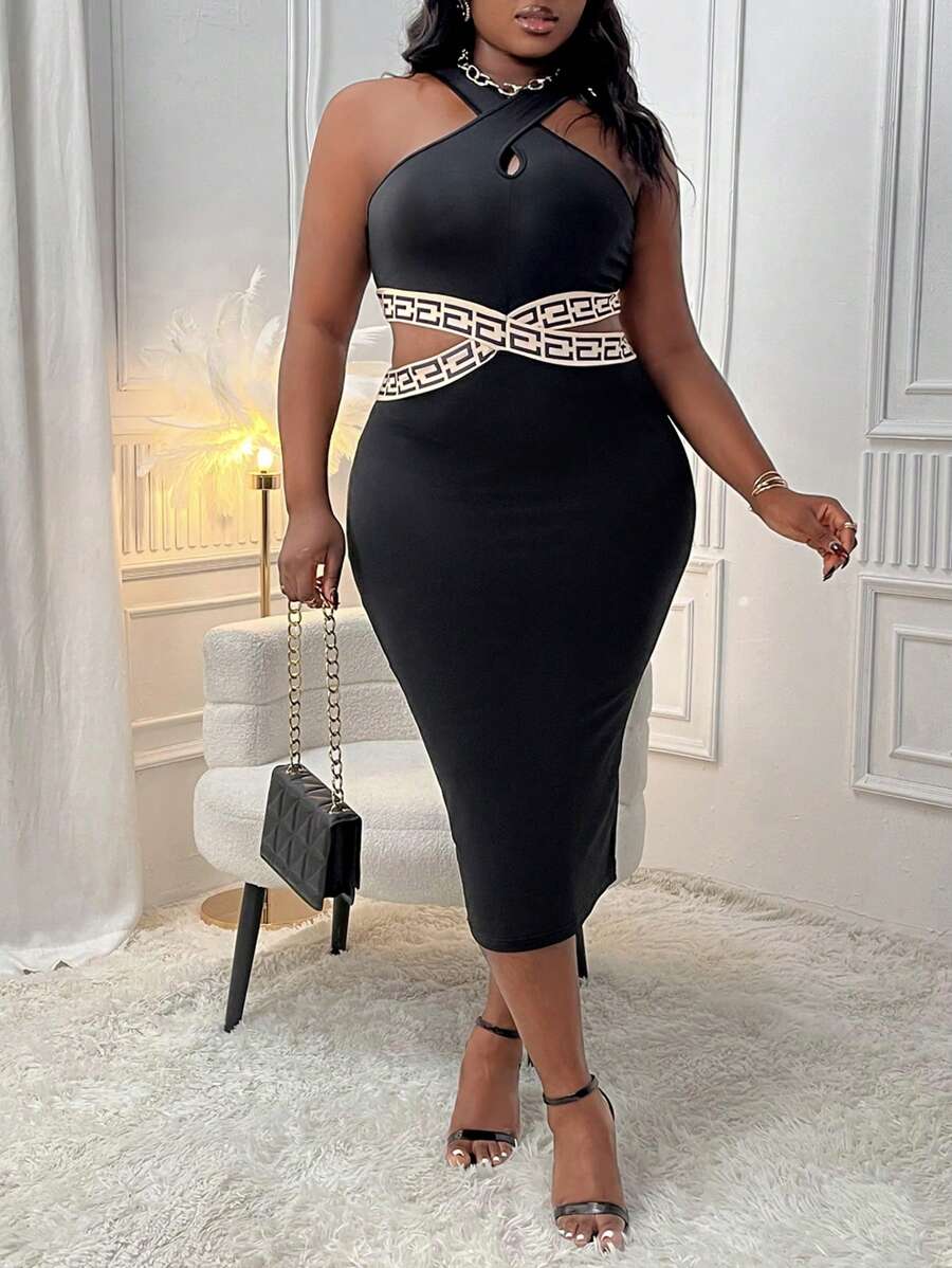 SHEIN Slayr Plus Size Geometric Printed Bodycon Dress With Cutout ...