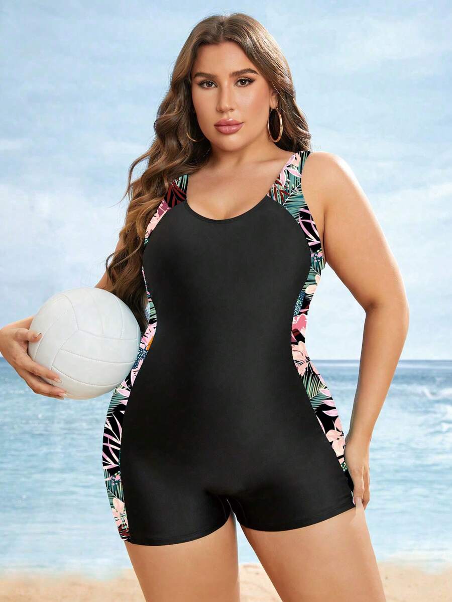 Shein Swim Curve Maiô Feminino Plus Size Com Impressão De Planta