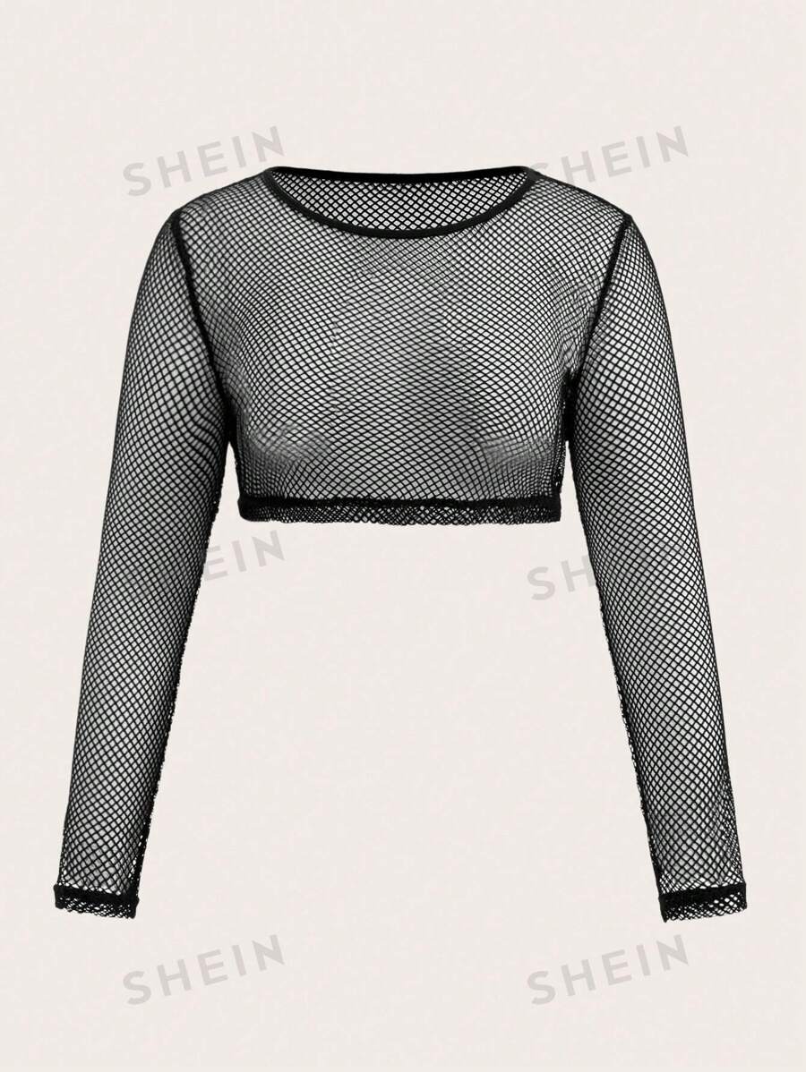 SHEIN EZwear Top transparente de malla de talla grande - Negro | Mode ...