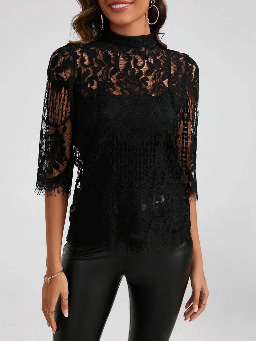 SHEIN Clasi Women's Spring Stand Collar Lace Top | SHEIN USA