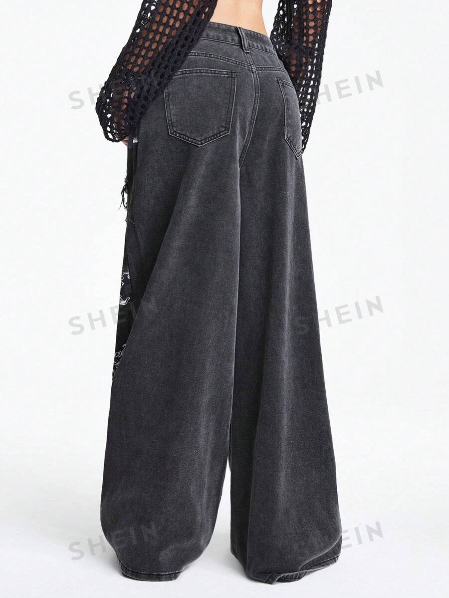 ROMWE Goth Jeans With Character Print And Distressed Holes Design ...