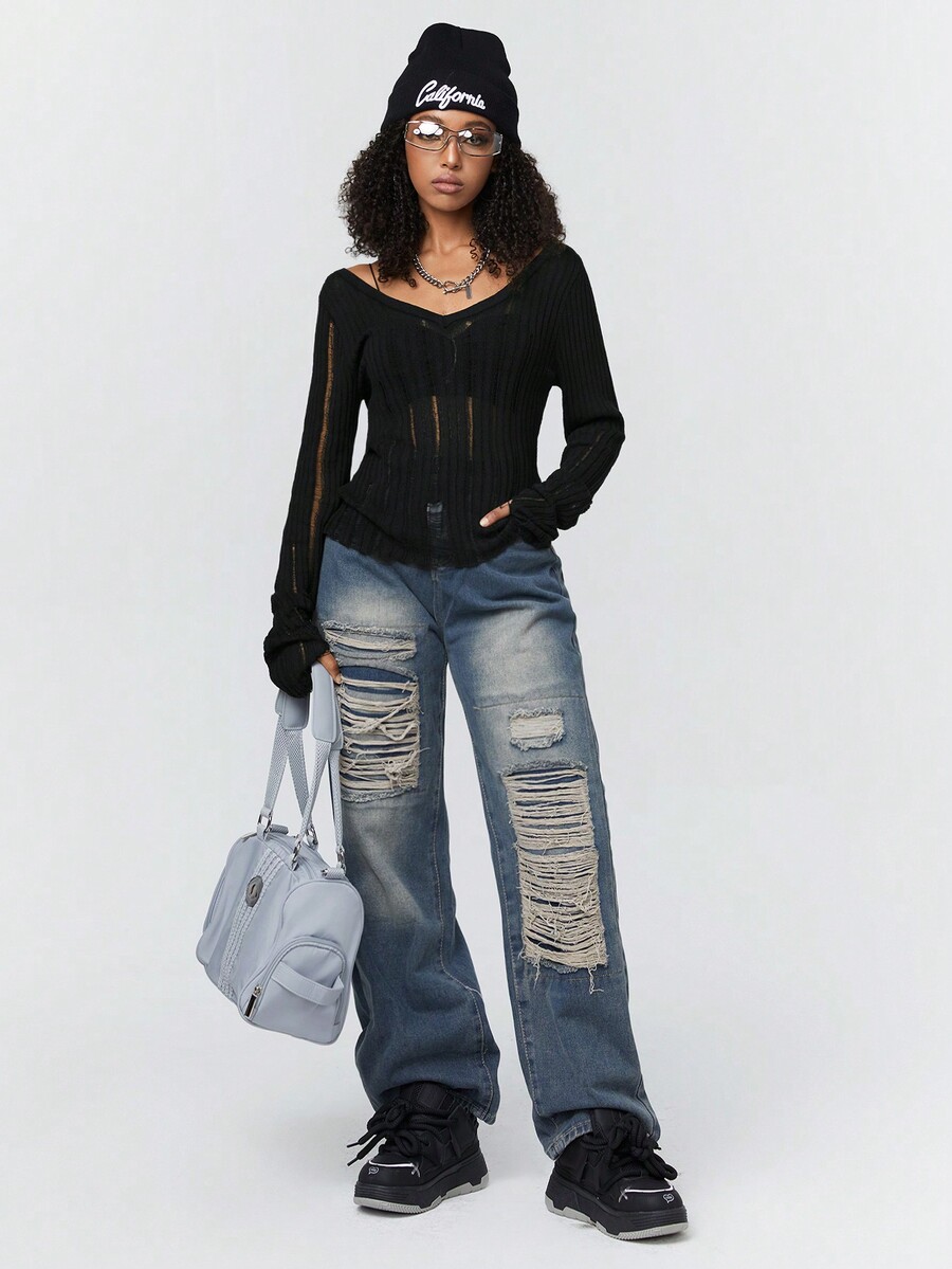 SHEIN Coolane Women's See-Through Torn Mesh Knit Sweater With V-Neck ...