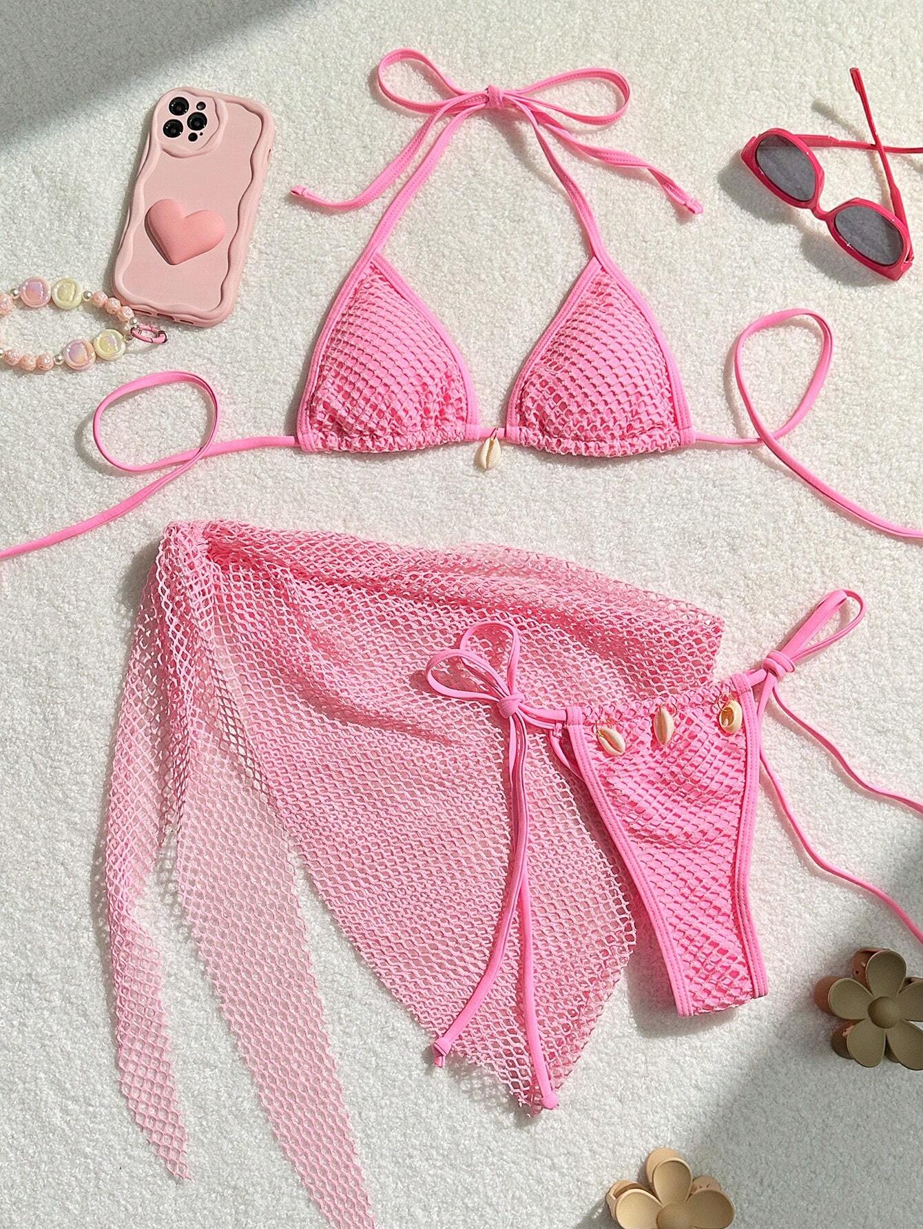 SHEIN Swim Summer Beach Women's Seashell Decorated Texture Swimsuit Set ...