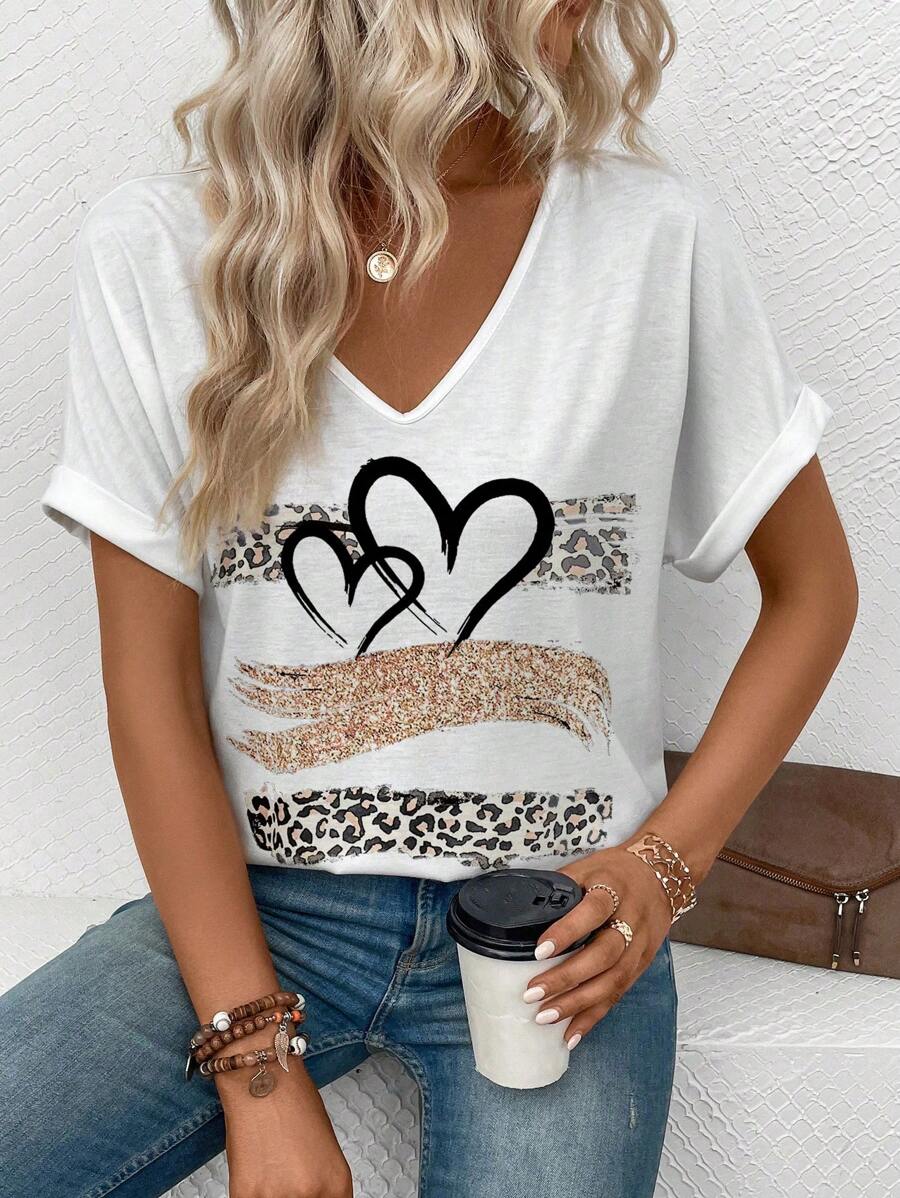 INAWLY Leopard Heart Printed T-Shirt Graphic Cheetah Print Tees Women ...