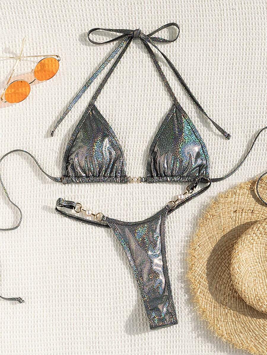 SHEIN Swim Summer Beach Shiny Halter Neck & Spaghetti Strap Two Piece ...