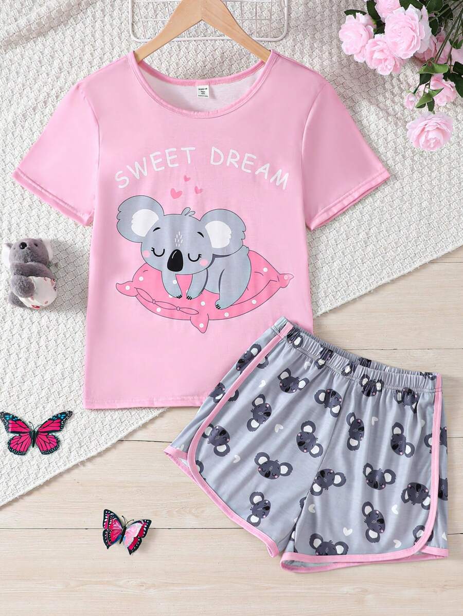 Teen Girls' Simple And Cute Koala Print Shorts And Short Sleeve Top ...