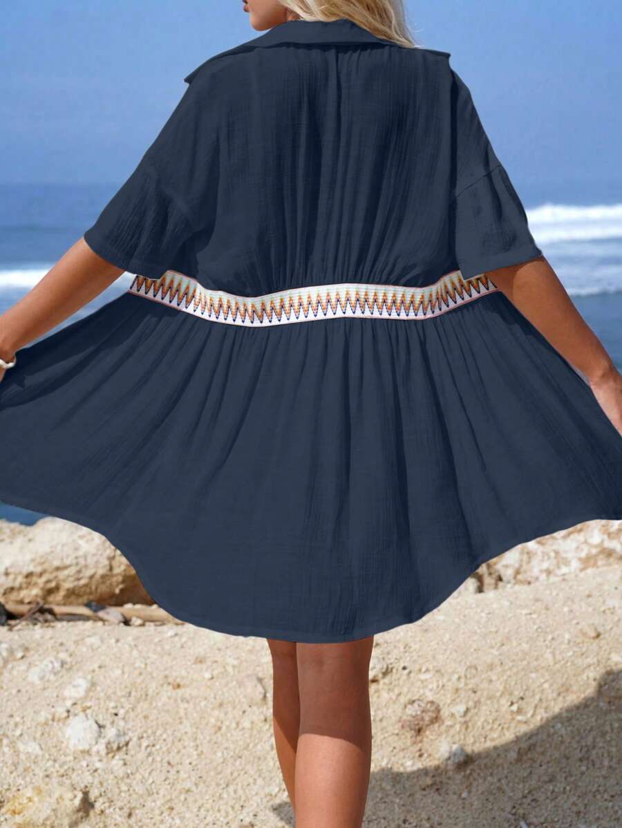 Shein Swim Bohofeel 1pc Color Block Panel Short Front Long Back Dress