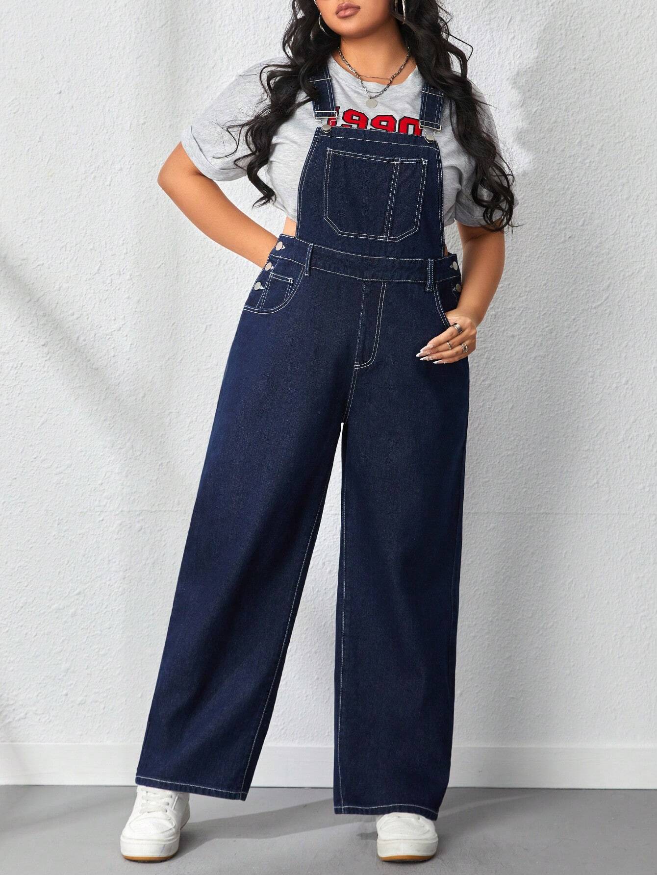 SHEIN EZwear Plus Size Denim Overalls With Slanted Pockets | SHEIN EUR