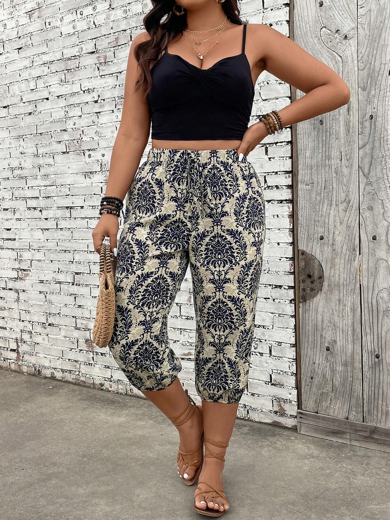 SHEIN VCAY Plus Size Loose-Fitting Patterned Pants With Slanted Pockets ...