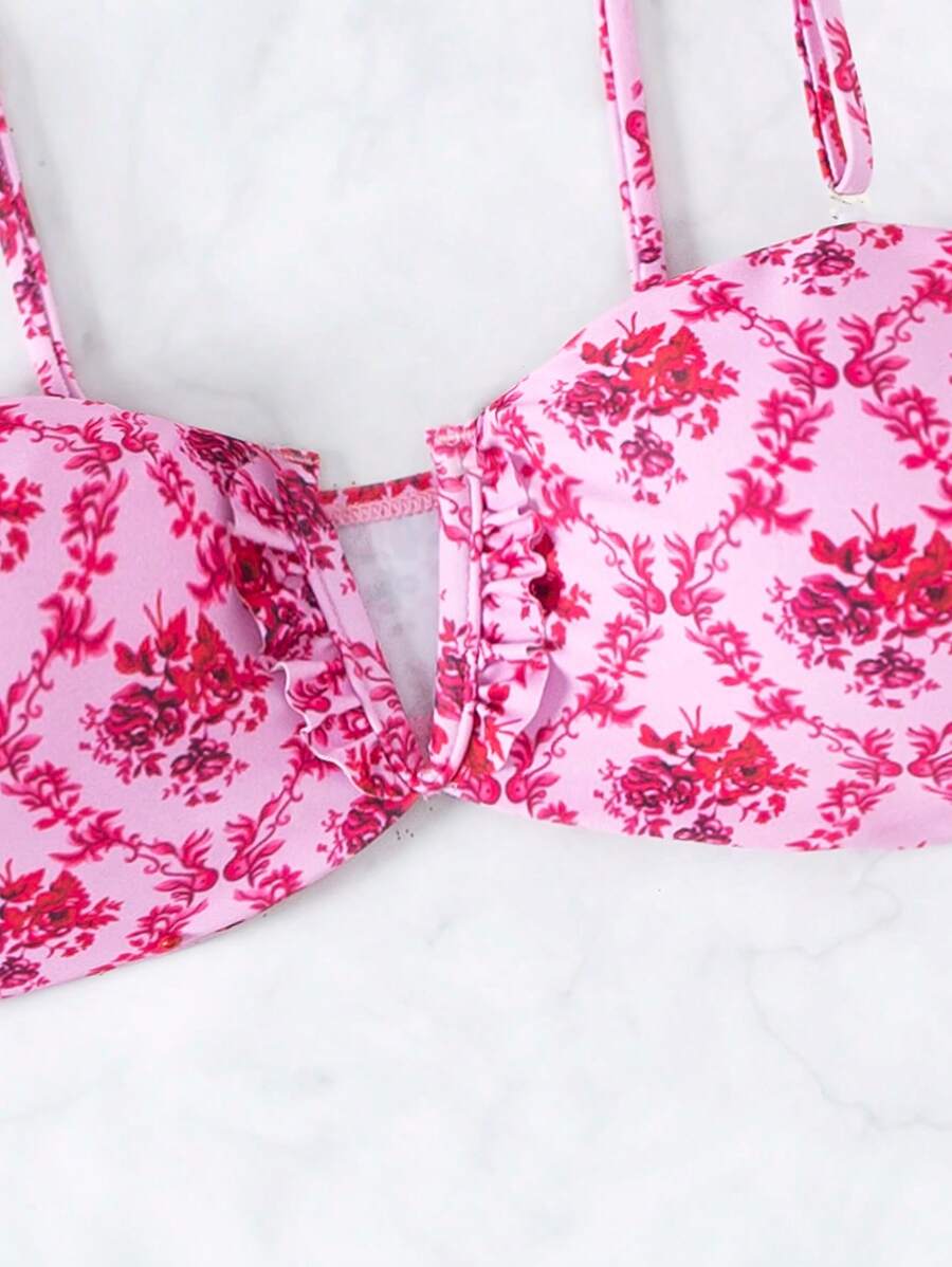 SHEIN Swim 1pc Pink Bikini Top With Random Print | SHEIN UK