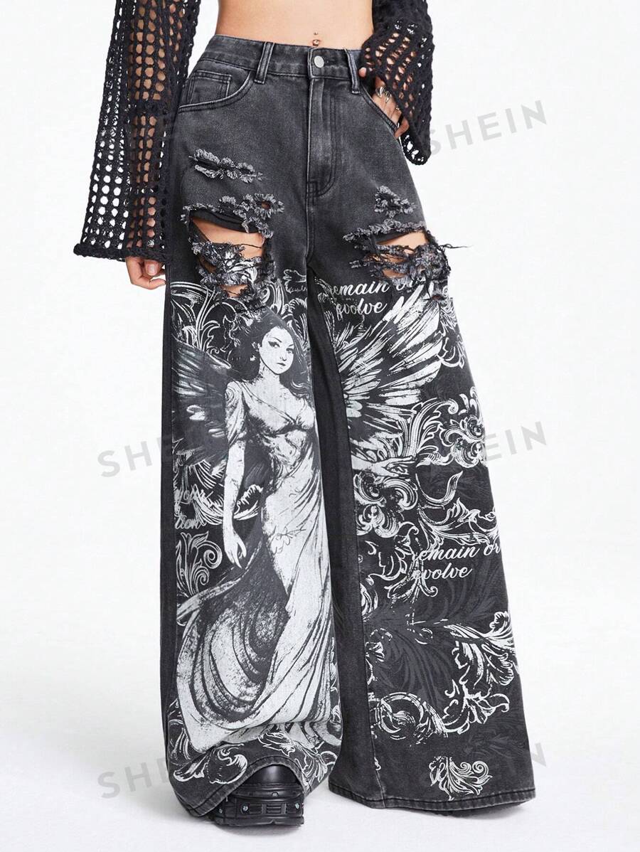 ROMWE Goth Jeans With Character Print And Distressed Holes Design ...