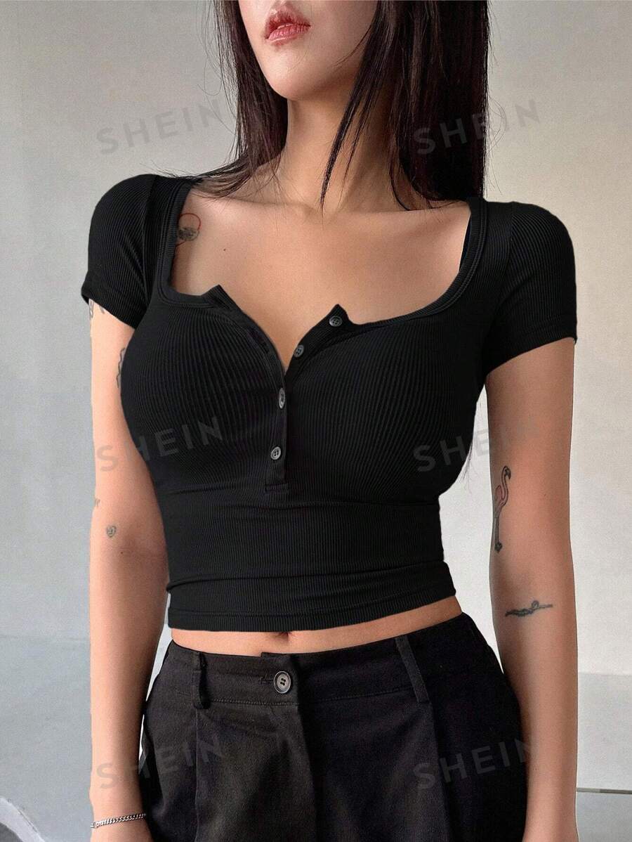 DAZY Ladies' Button Half Placket Ribbed Knit T-Shirt | SHEIN USA