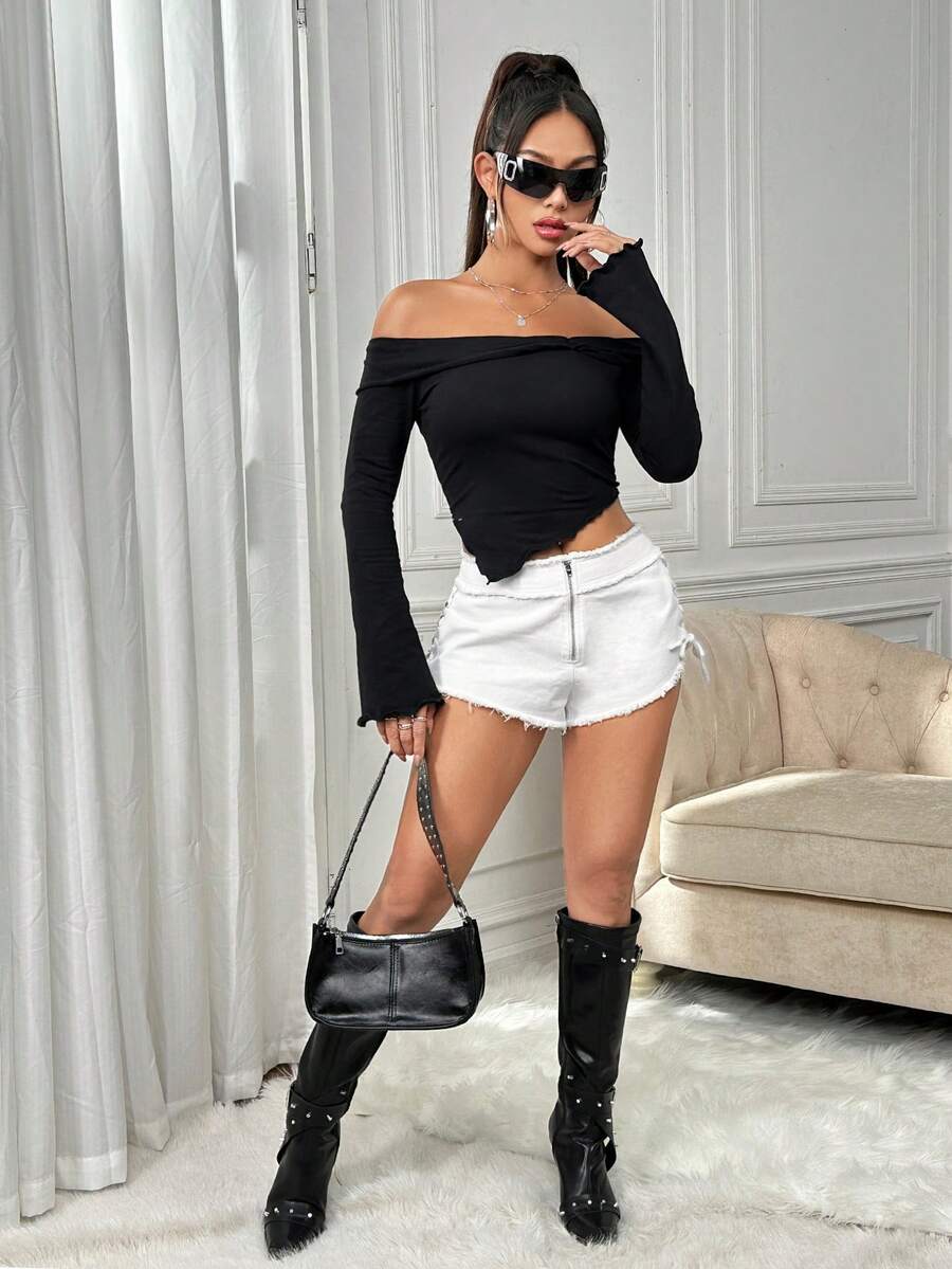 SHEIN ICON Low Rise Frayed Edge With Side Tied Straps Design Y2K ...