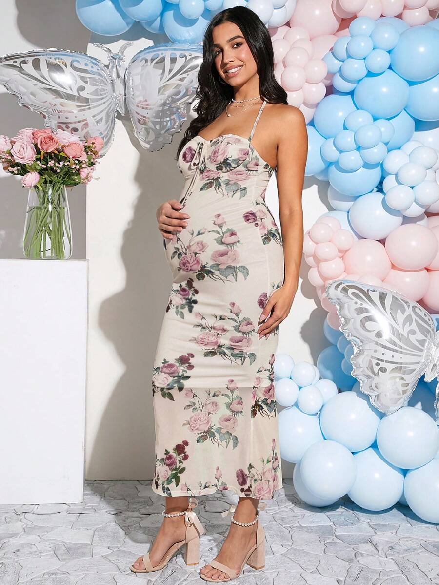 SHEIN Loomaby Gender Reveal Dress Elegant Maternity Tight Fit Floral ...