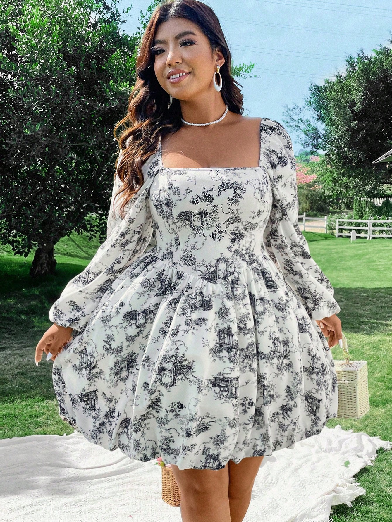 SHEIN MOD Vestido De Talla Grande Con Cuello Cuadrado, Mangas De Farol Y Estampado | Moda de ...