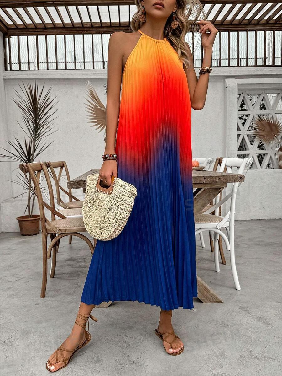 SHEIN LUNE Gradient Print Ruffle Halterneck Dress | SHEIN USA