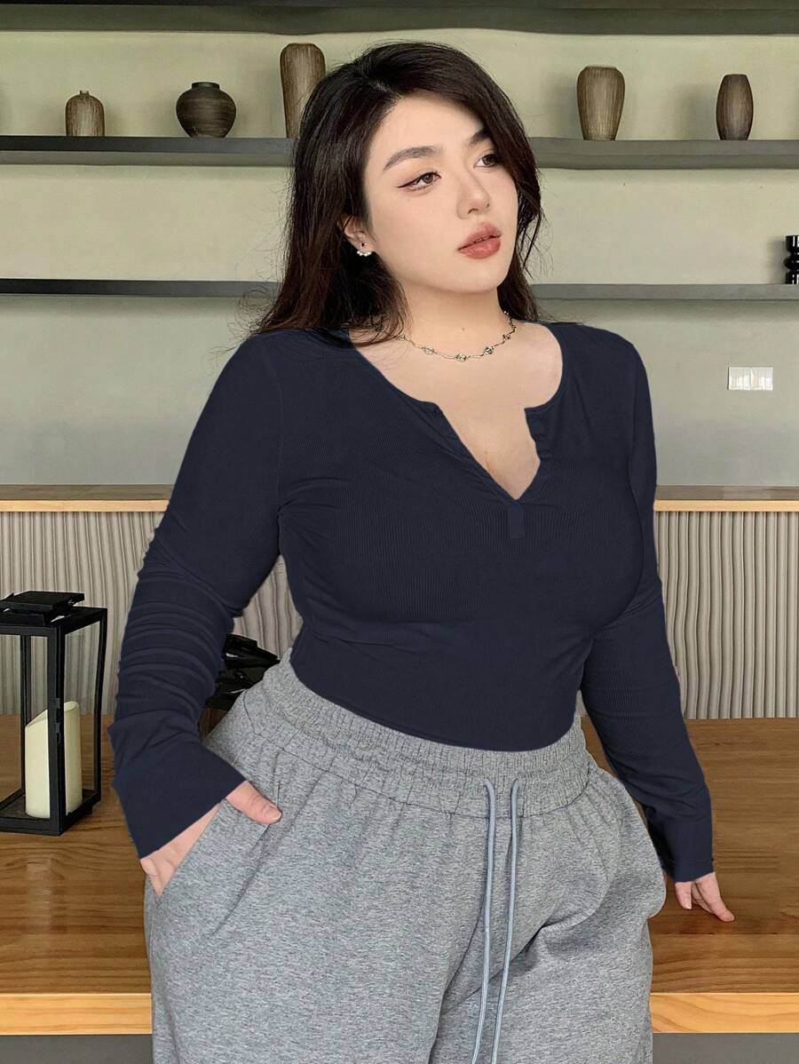 Dazy Plus Plus Size Notched Collar Long Sleeve T-Shirt | SHEIN USA