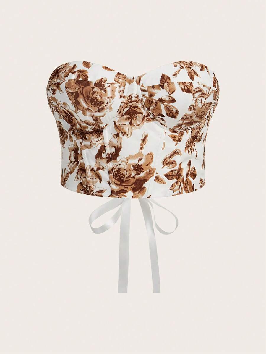 SHEIN MOOSTA Plus Size Floral Print Criss Cross Tie Back Bandeau Top ...