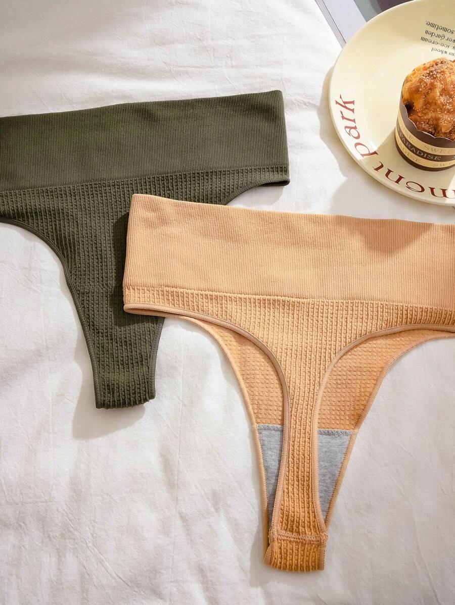 7pcs/Set Women's Solid Color Ribbed Waffle High Waisted Sexy Thongs | SHEIN USA