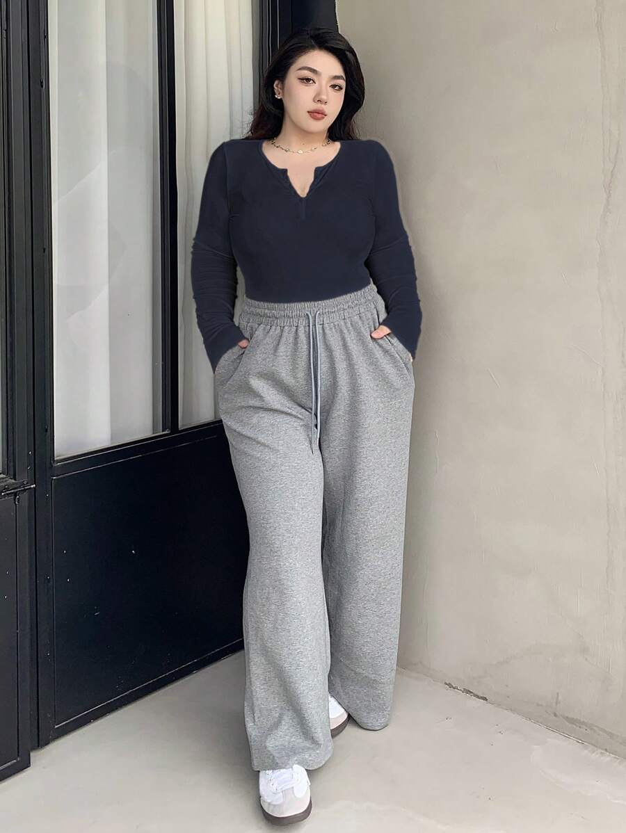 Dazy Plus Plus Size Notched Collar Long Sleeve T-Shirt | SHEIN USA