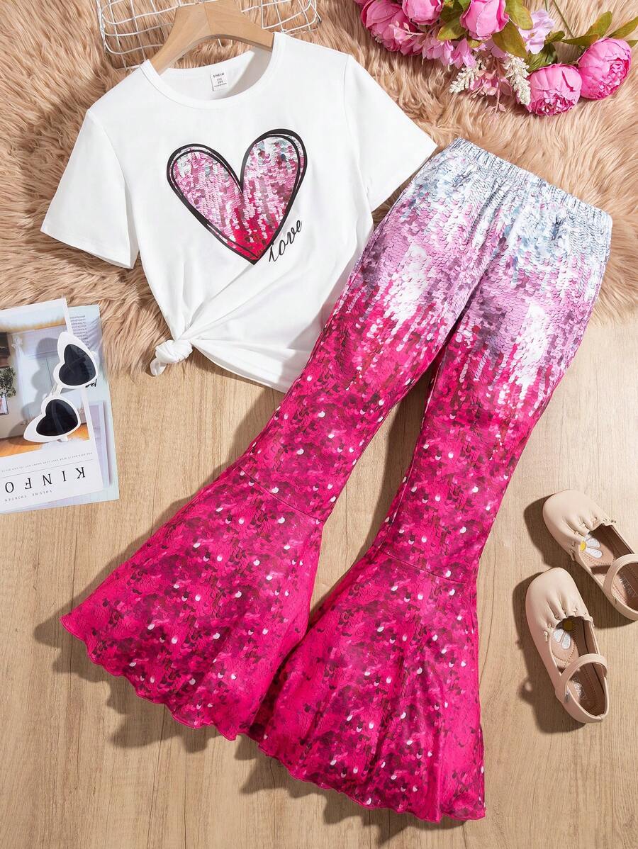 SHEIN Tween Girl Heart Print Short Sleeve T-Shirt And 3d Sequin Design ...
