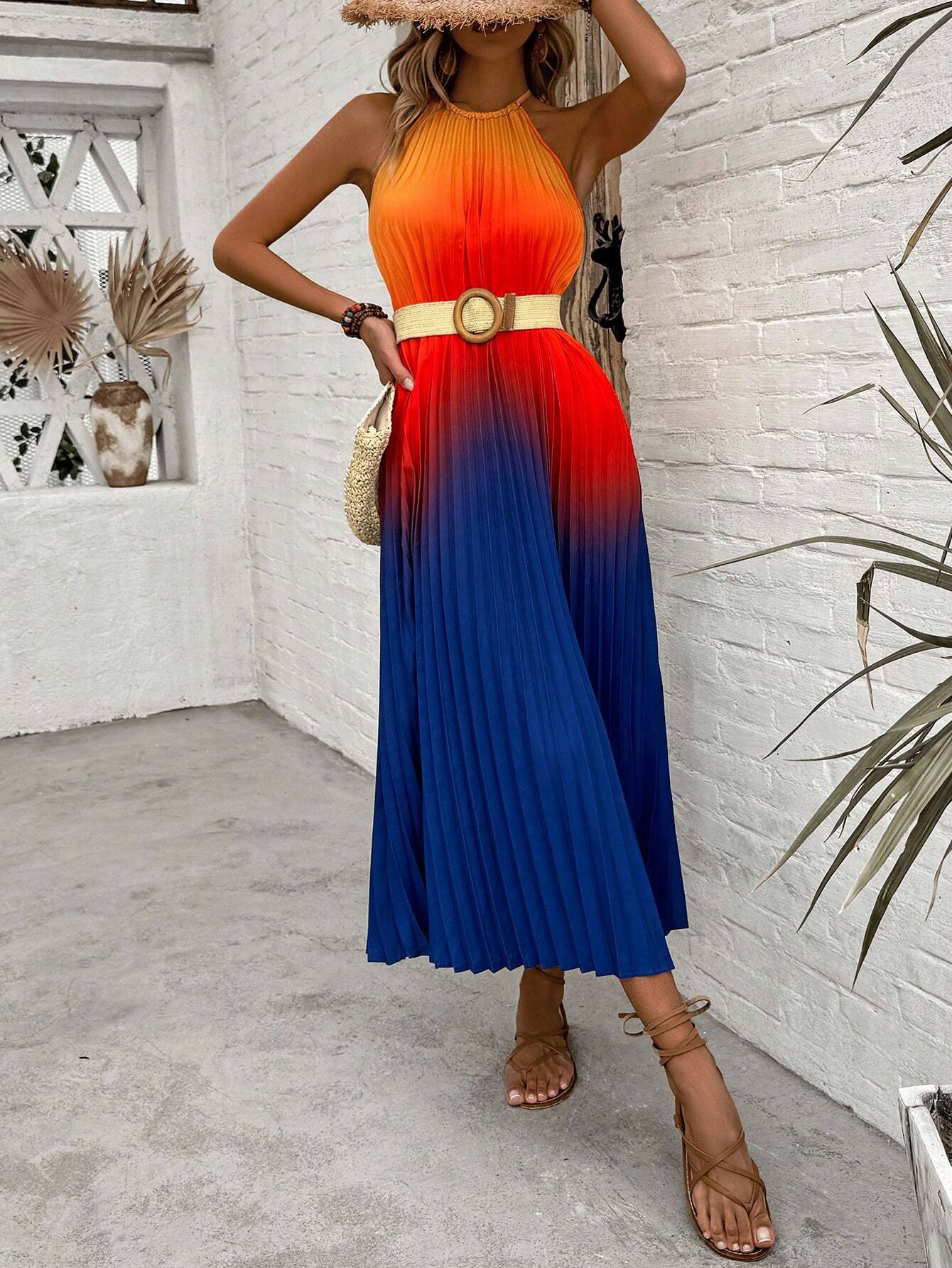 SHEIN LUNE Gradient Print Ruffle Halterneck Dress | SHEIN UK