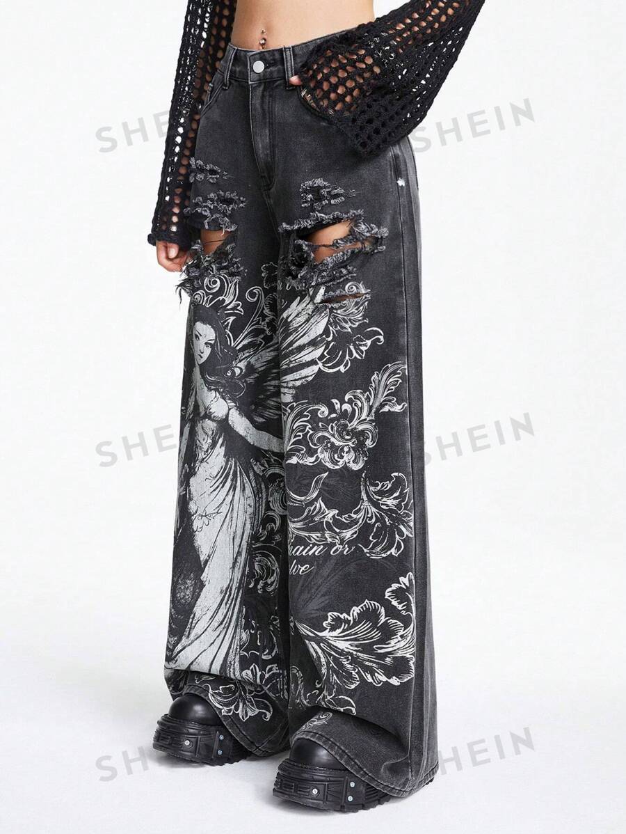 ROMWE Goth Jeans With Character Print And Distressed Holes Design ...
