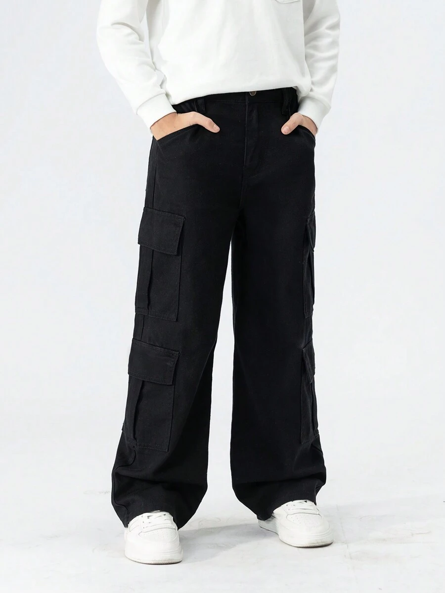 SHEIN Tween Boys' Street-Style Washed Black Denim Cargo Pants With ...